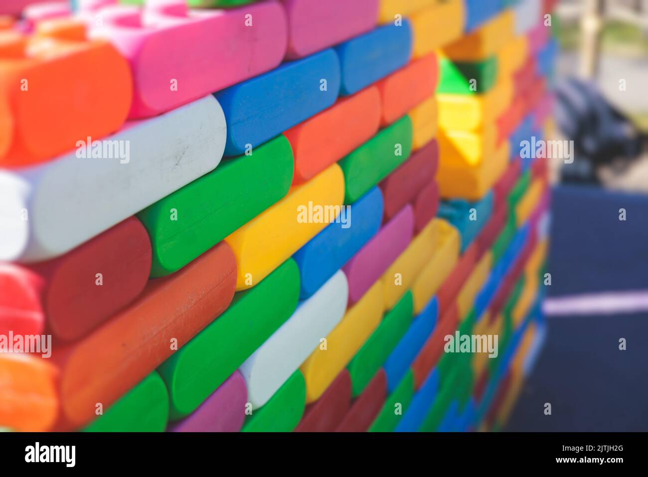 Children play colorful big toy blocks in kindergarten day care center ...