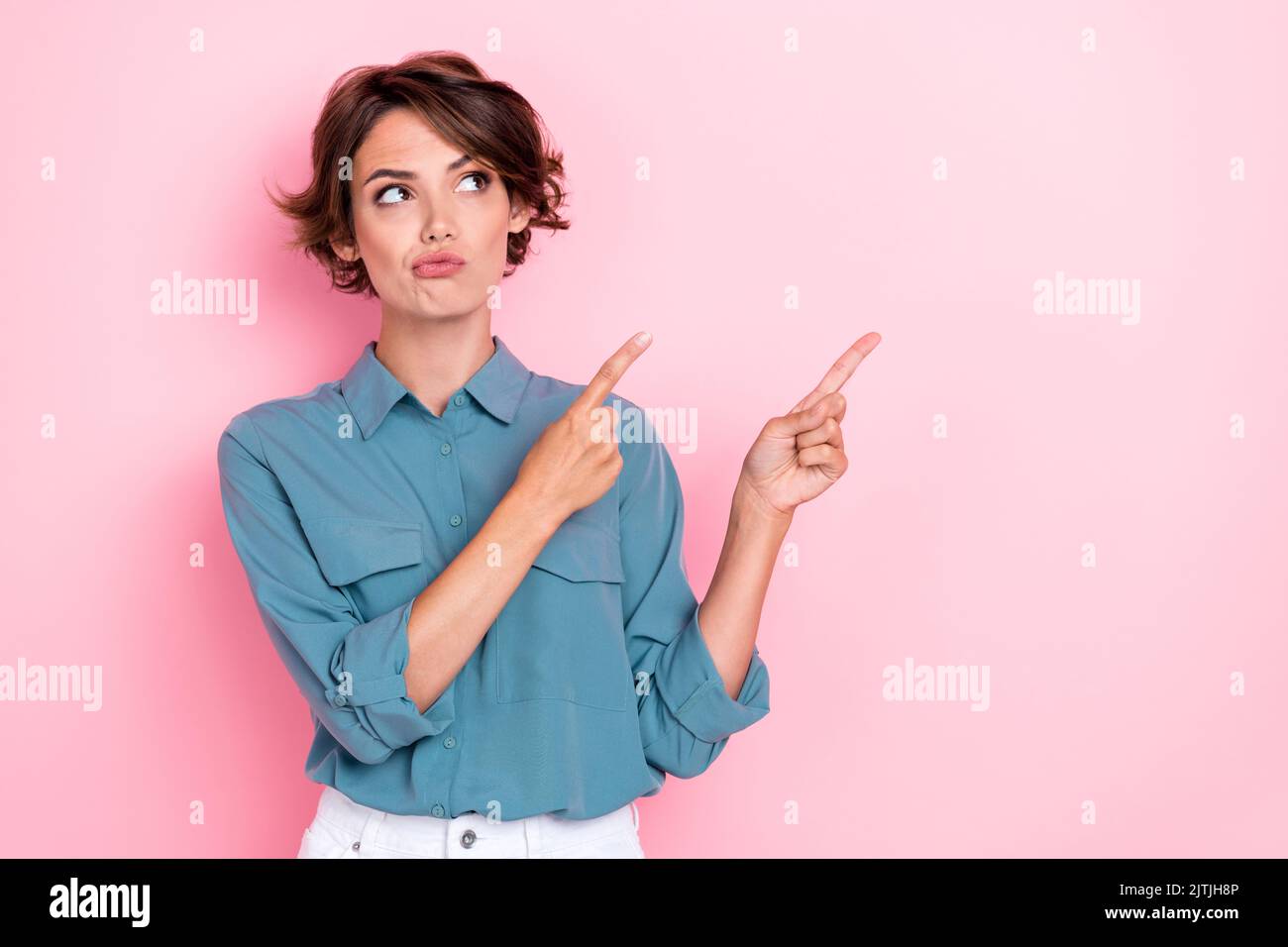 Portrait photo of young adorable gorgeous pretty woman looking curious ...