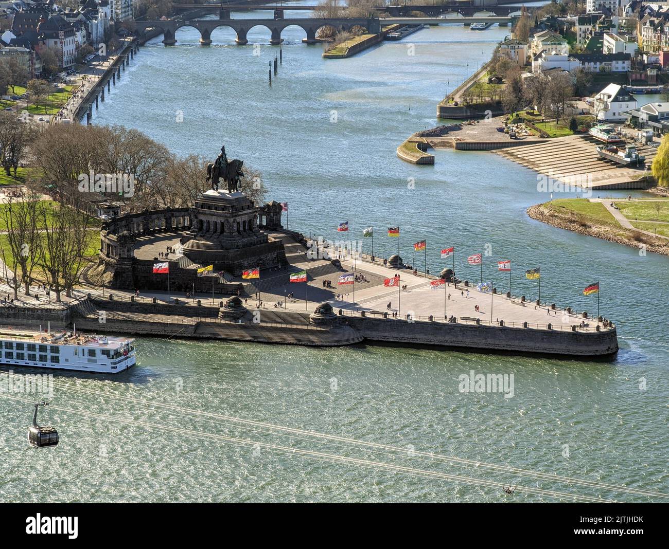 A drone view of the German Corner monument in the crossover of rivers ...