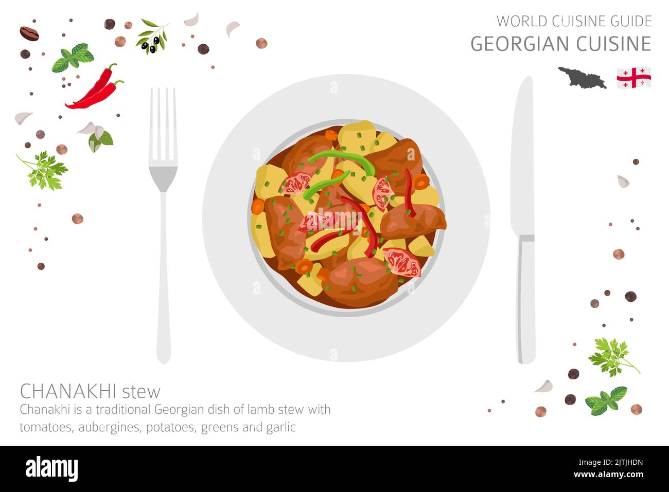 World cuisine guide. Georgian cuisine. Chanakhi stew isolated on white ...