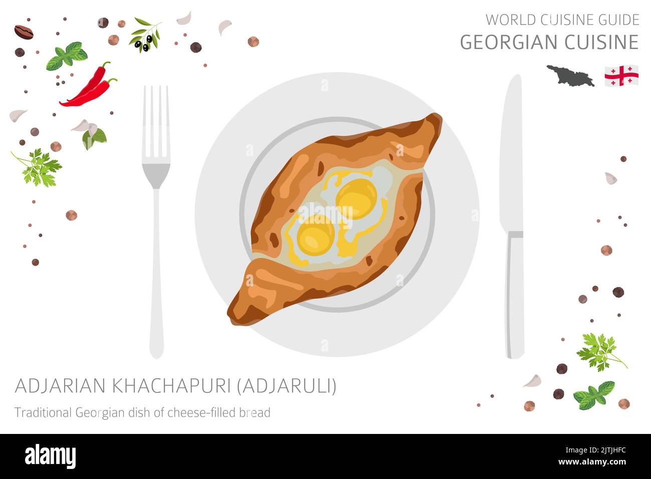 World cuisine guide. Georgian cuisine. Khachapuri bread isolated on ...