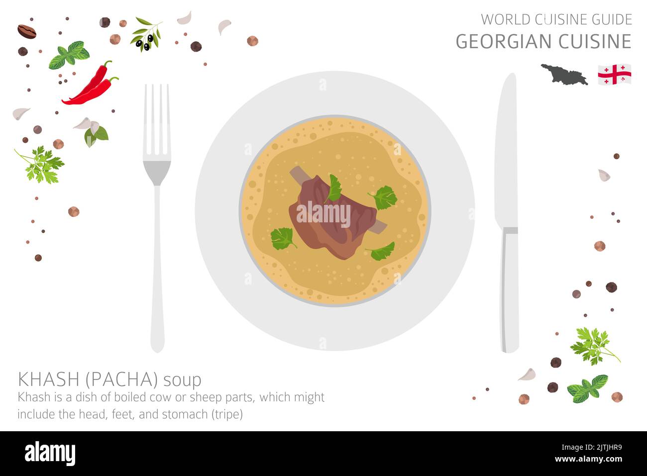 World cuisine guide. Georgian cuisine. Khash soup isolated on white ...