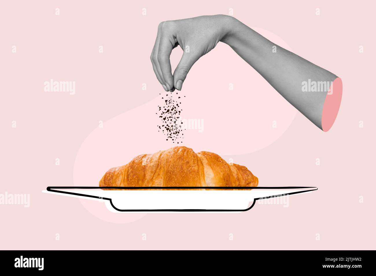 Creative banner collage of hand pour spices fresh french croissant ...