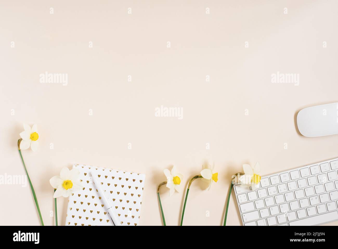 Workplace with a diary, pen, keyboard, mouse and daffodil flowers on a ...