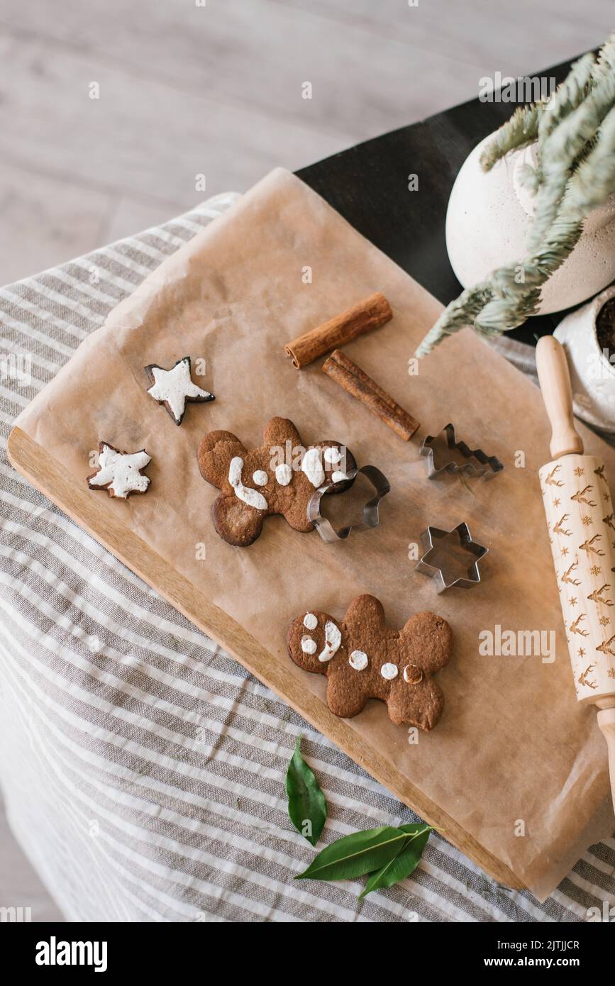Homemade ginger Christmas cookies, spicy little men, are lying on the ...