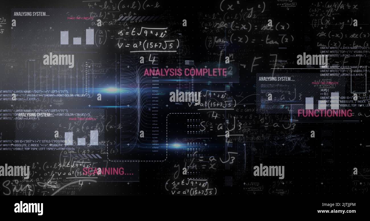 Image of data processing with mathematical equations on black ...