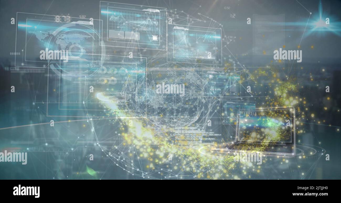 Image of data processing and light spots over globe and scope scanning on black background Stock ...