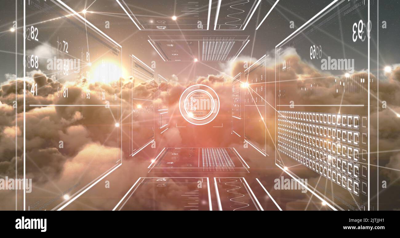 Image of digital data processing and networks over clouds Stock Photo ...