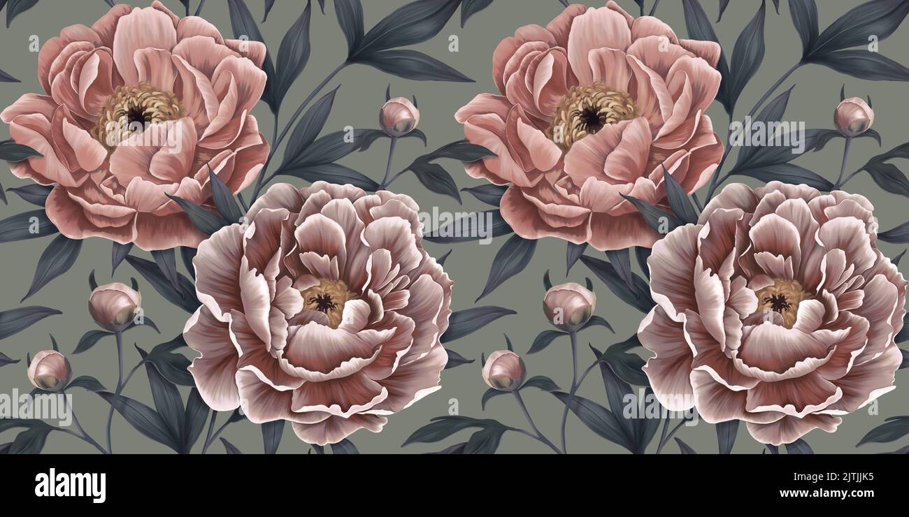 Floral seamless pattern. Botanical wallpaper with realistic peonies ...