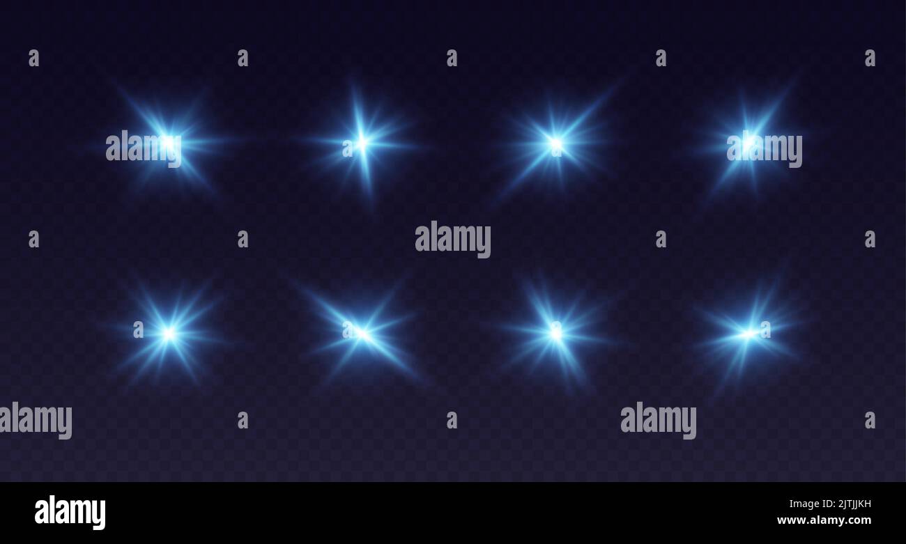 Blue lens flare, glowing star with rays, shiny flash spark, bright cosmic explosion isolated on ...