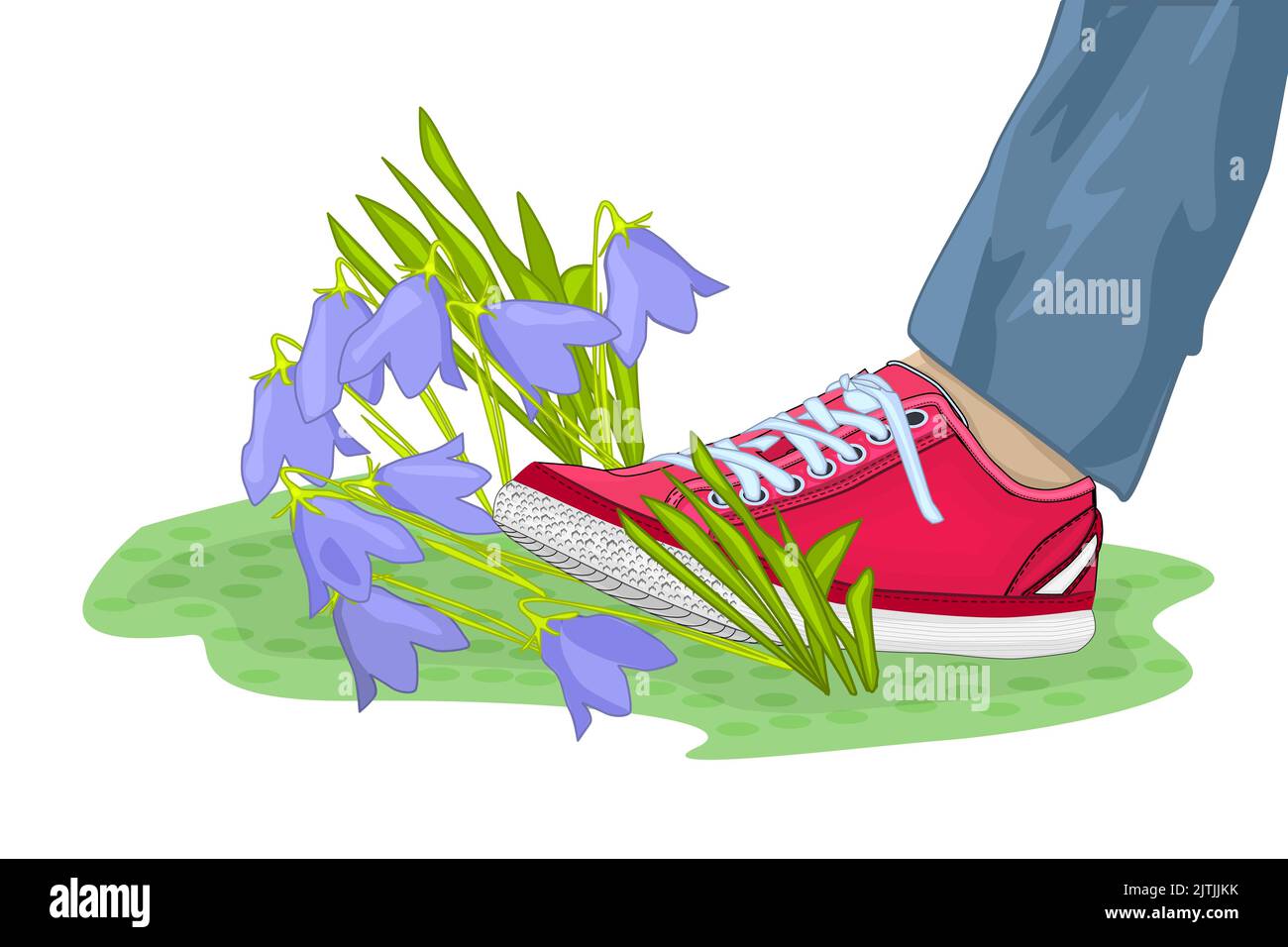 Shoes ruthlessly tramples living flowers.Foot stepping on endangered ...