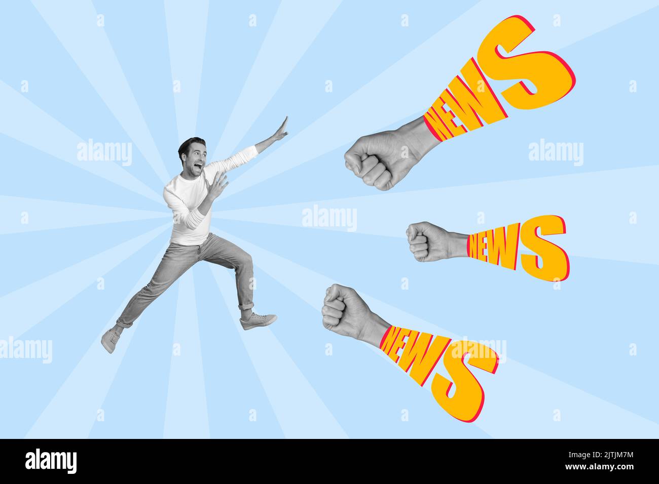 Collage 3d image of pinup pop retro sketch of scared yelling man try ...