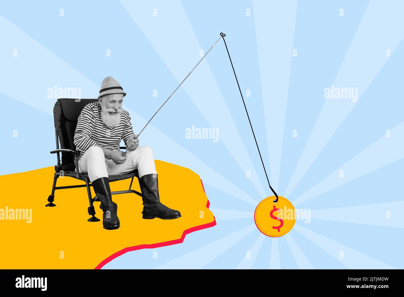 Collage 3d image pinup pop retro sketch of retired rich fisherman ...
