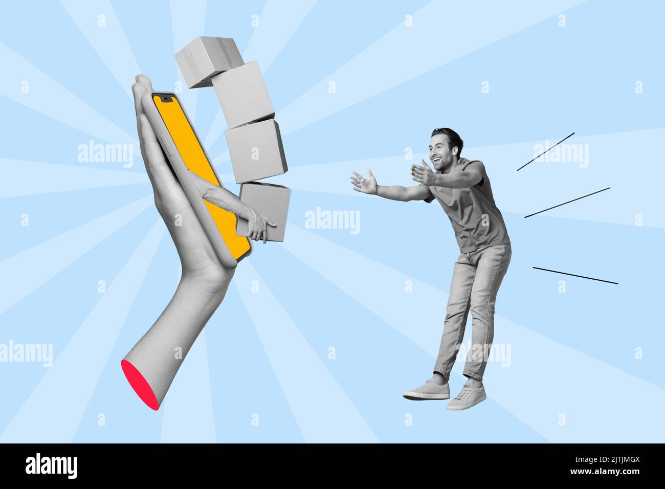 Photo cartoon comics sketch picture of happy excited man stretching ...