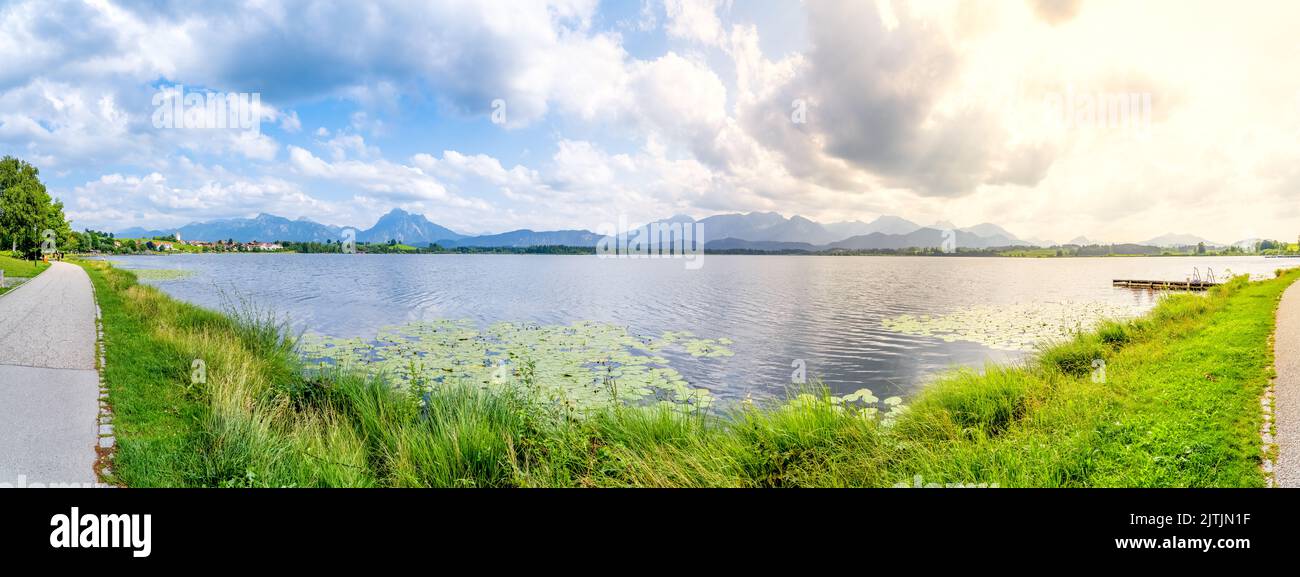View over Hopfensee and the Allgaeu Alps, Bavaria, Germany Stock Photo ...
