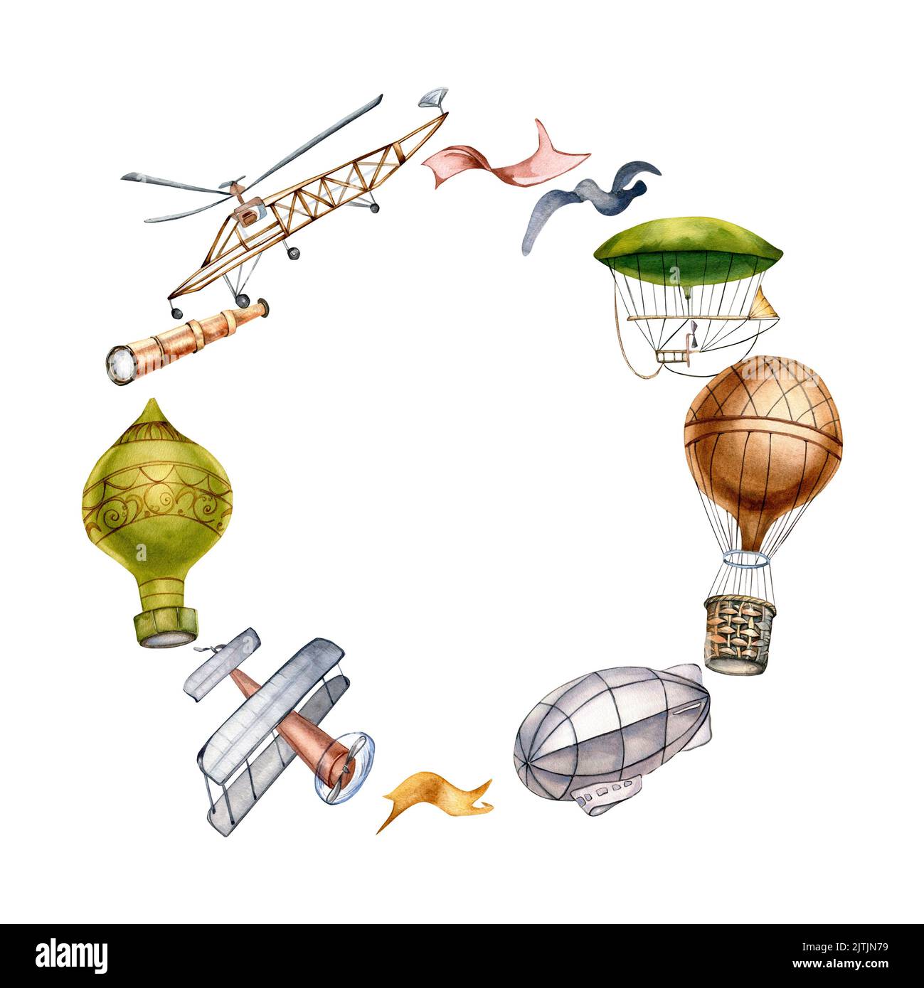 Circle frame of retro transport watercolor illustration isolated on ...