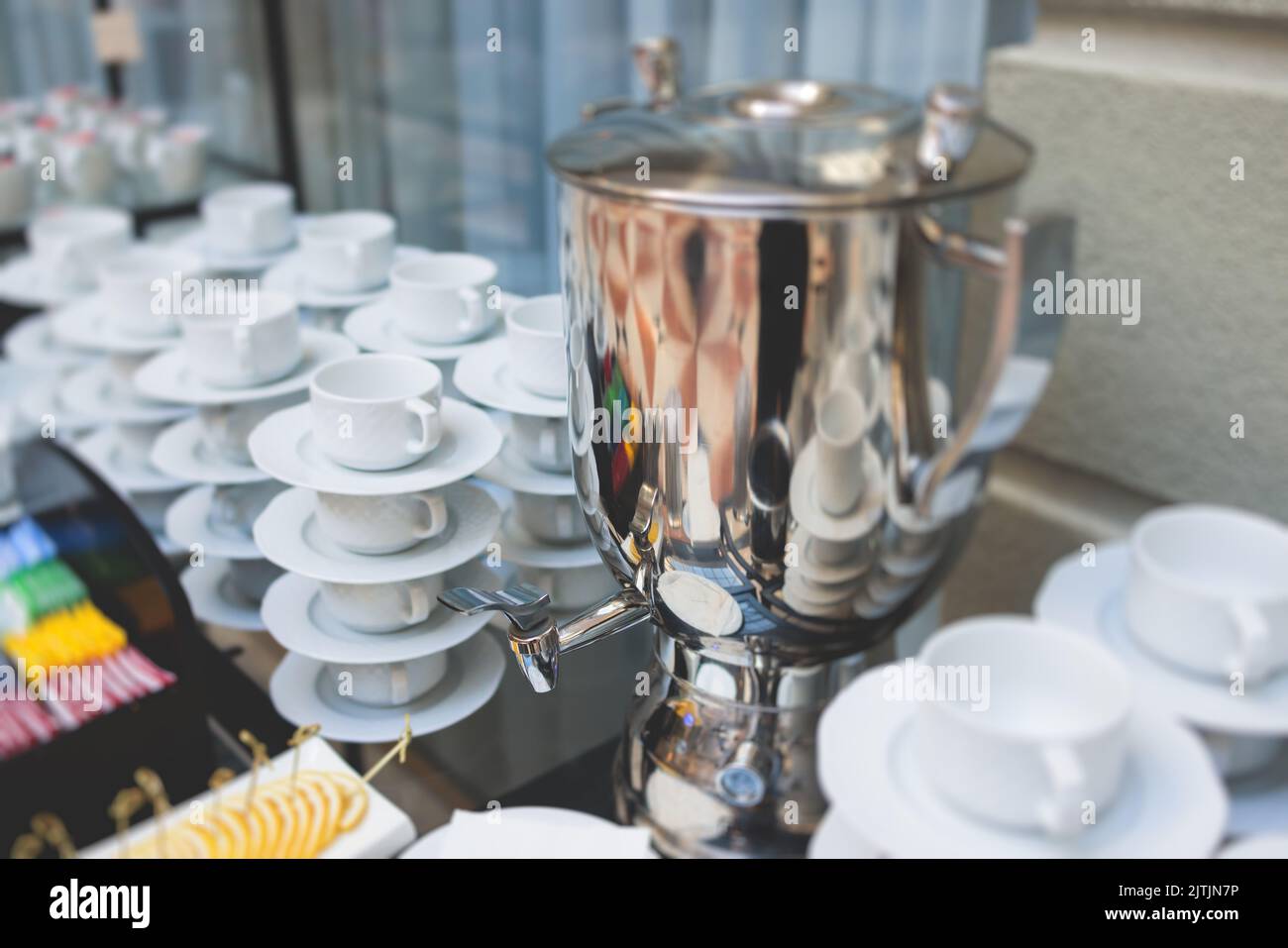 Set of coffee break lunch in the hotel restaurant during conference ...