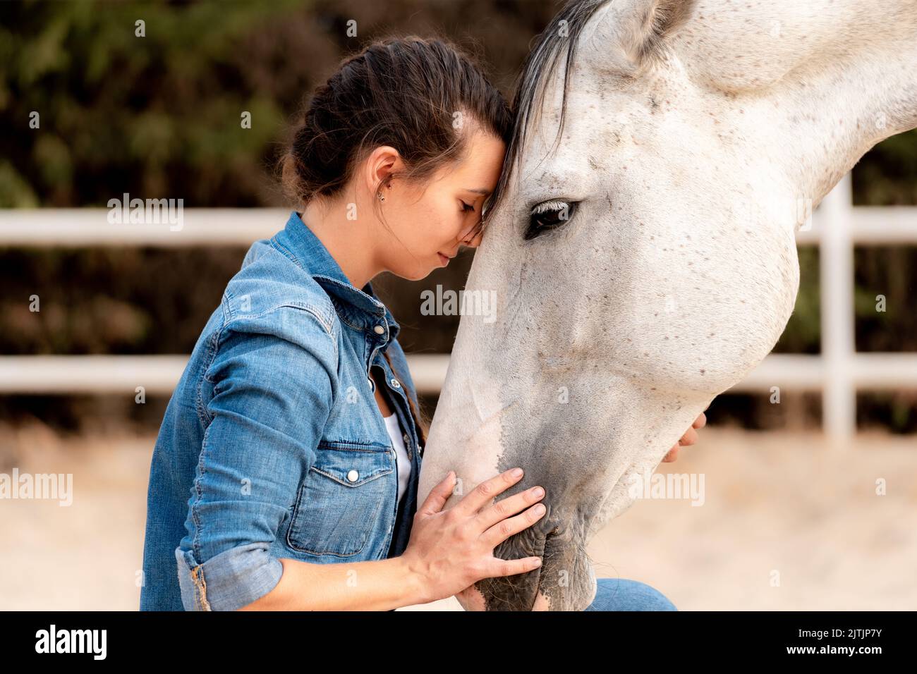 Side view of a woman with affectionate gesture to her horse grabbing ...