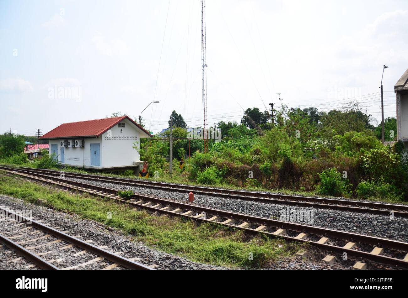 Track of railway in rural countryside for locomotive train running ...
