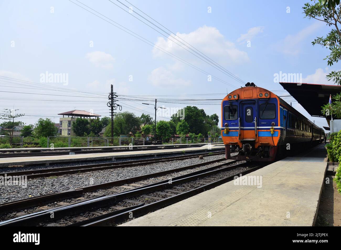 Local bogie locomotive train on track railway stop waiting for send ...