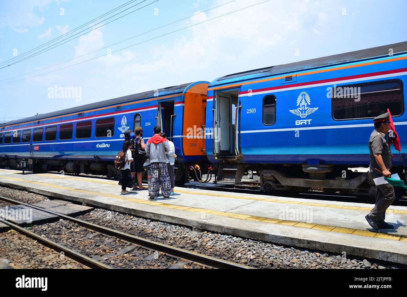 Local bogie locomotive train on track railway for send receive thai ...