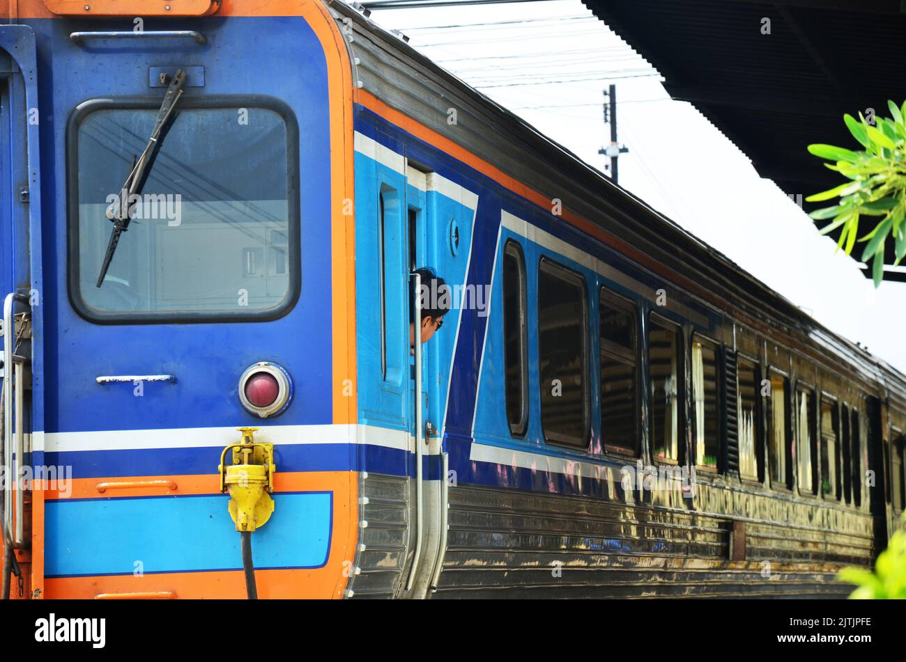 Local bogie locomotive train on track railway stop waiting for send ...