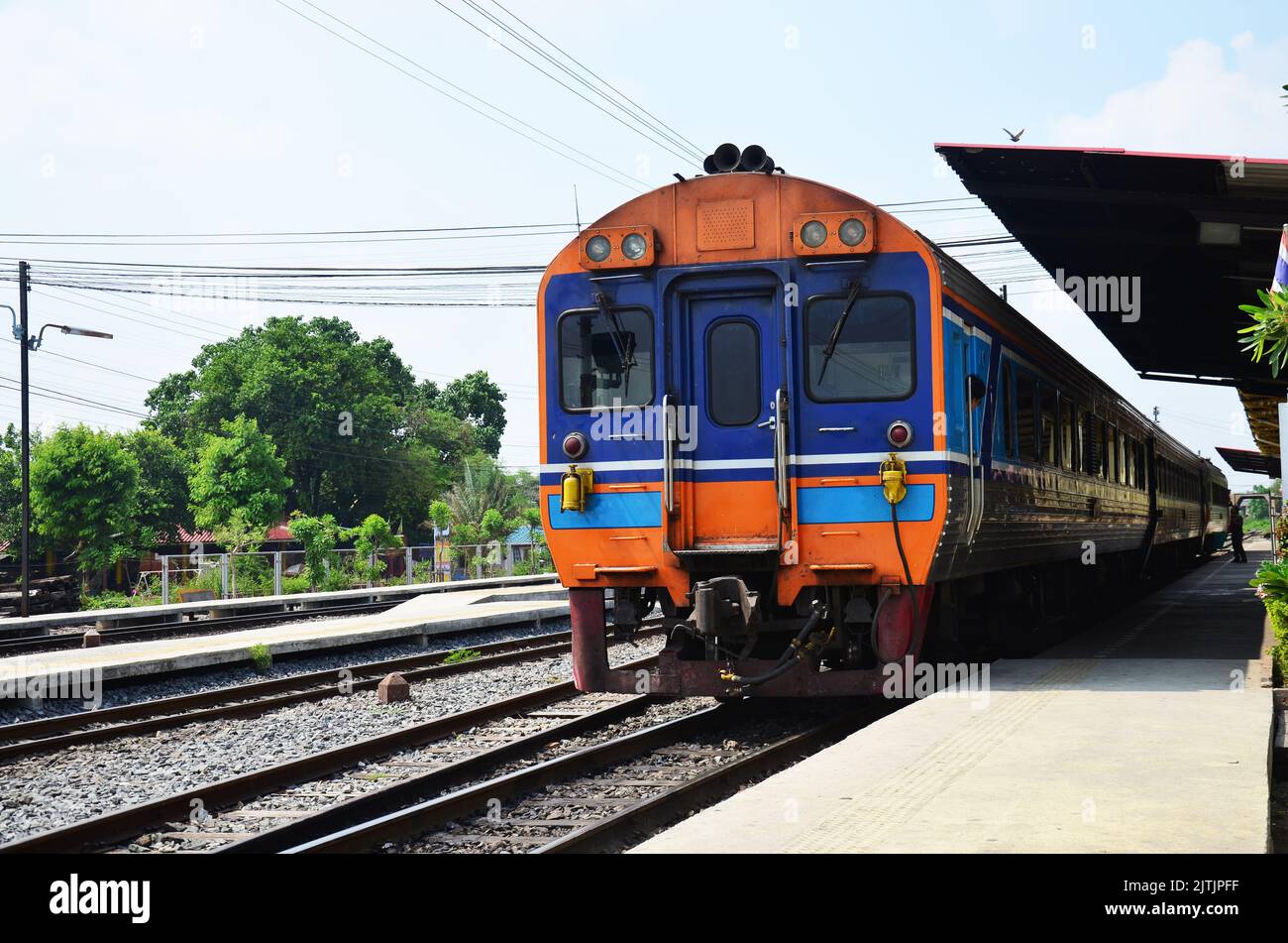 Local bogie locomotive train on track railway stop waiting for send ...