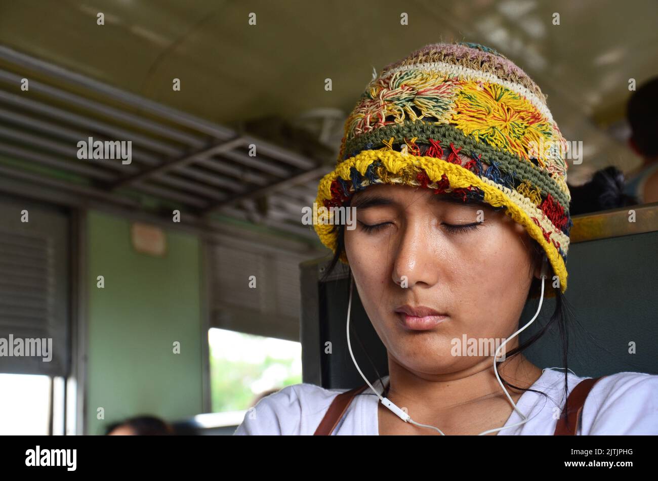 Asian thai women travelers people sit listen music and sleep dream on ...