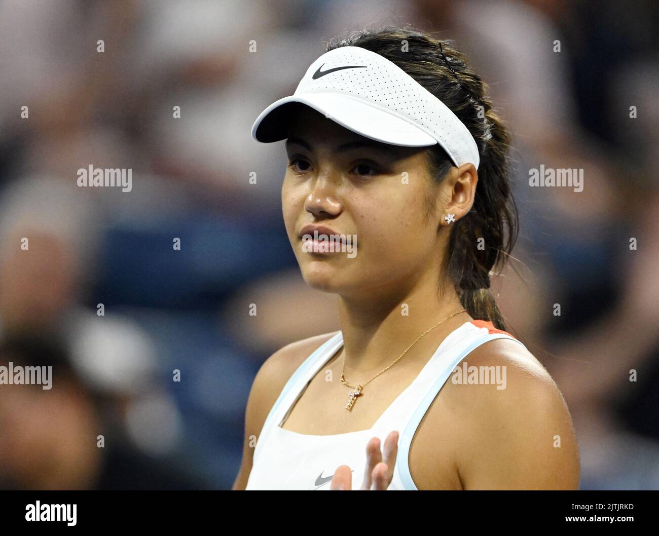 Emma Raducanu in action against Alize Cornet during day two of the US ...