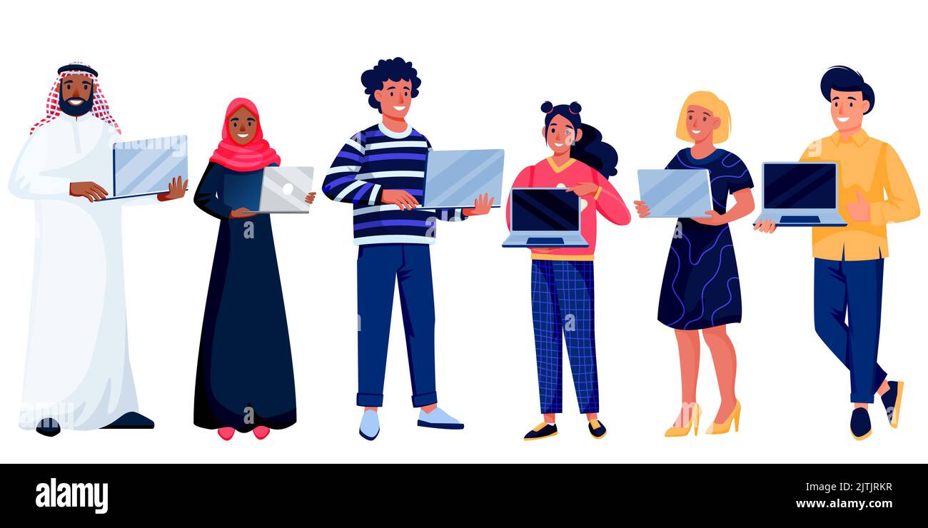 Multiethnic men and women standing with laptops. Vector flat cartoon ...