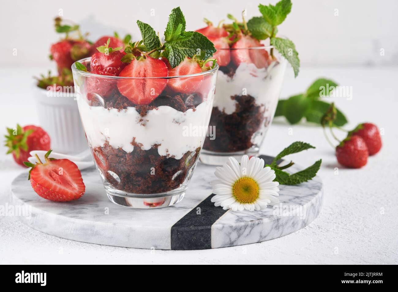 Trifles. Brownies, fresh strawberry and mascarpone cream servered in ...