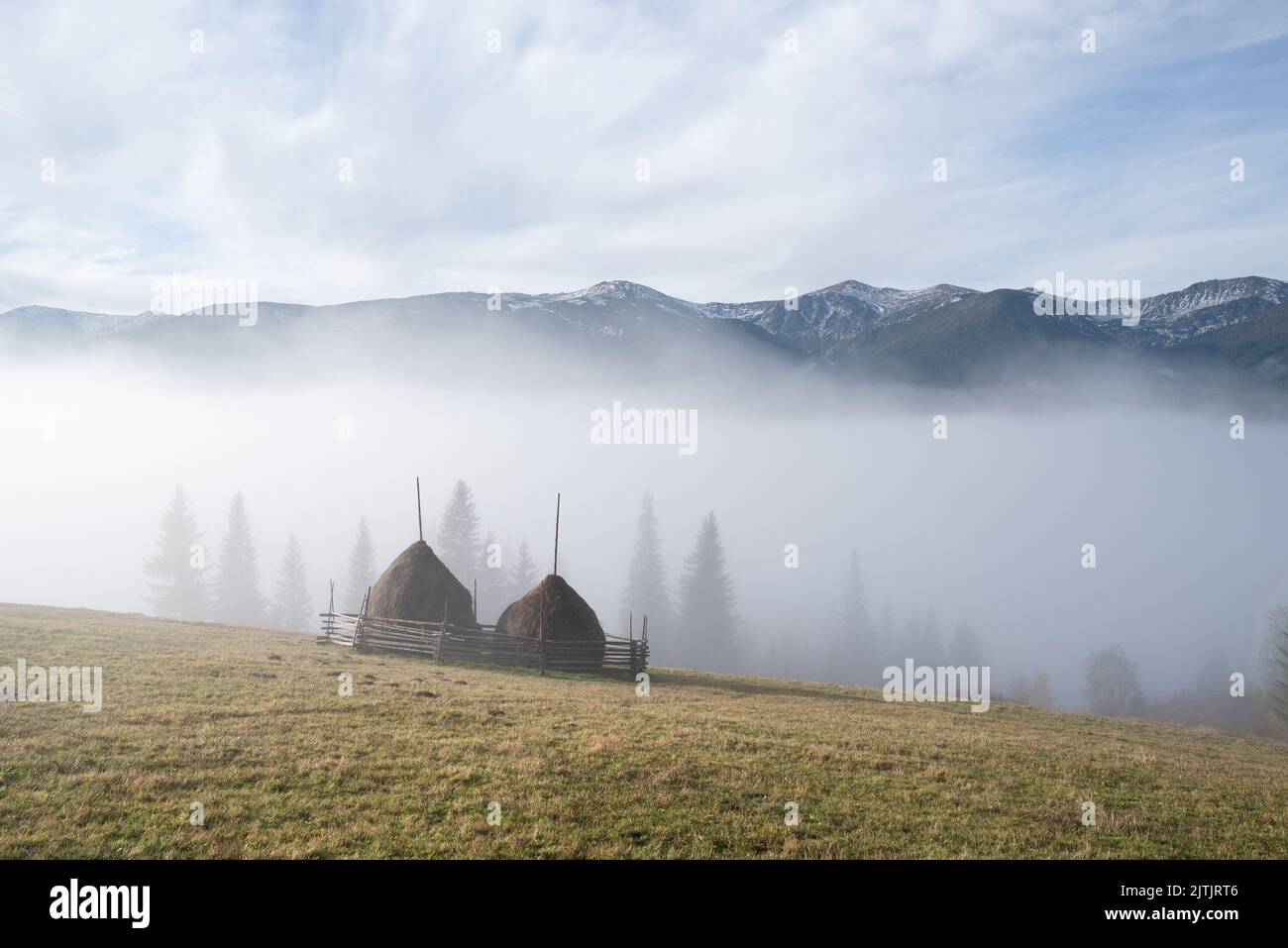 Autumn landscape with calm peaceful countryside view with morning mist ...