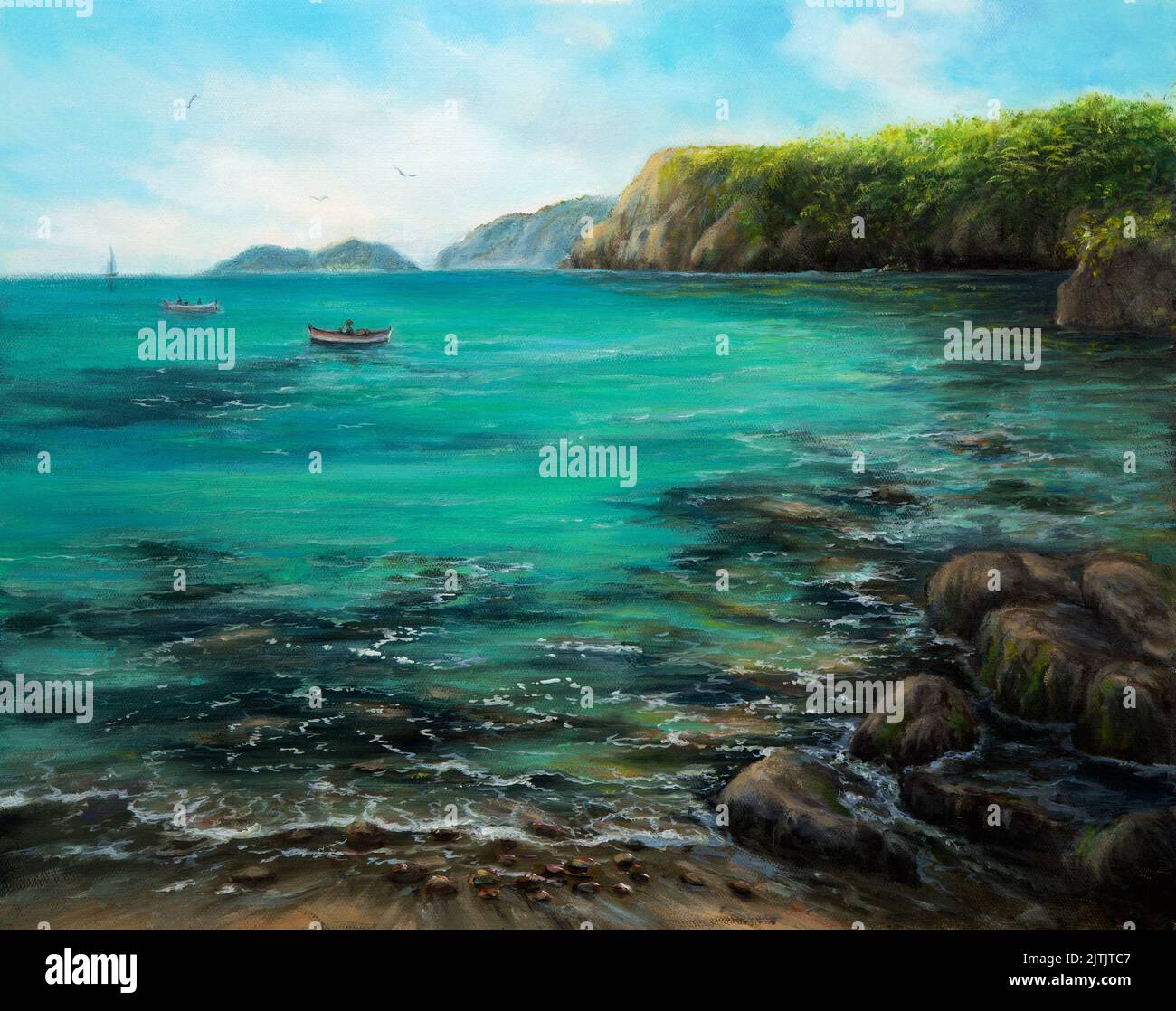 Original oil painting of Ocean and cliffs on canvas.Fishing boats in the bay.Modern ...