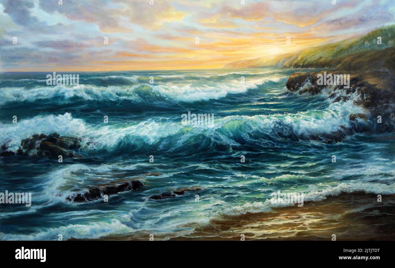 Original oil painting of Ocean and cliffs on canvas.Modern Impressionism Stock Photo - Alamy
