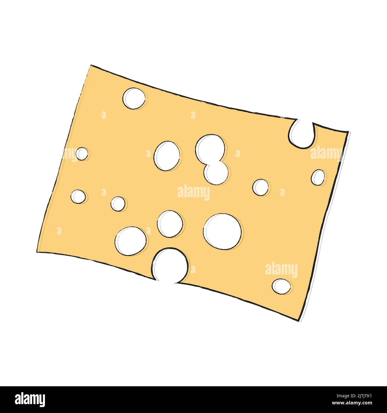 Rectangular cut piece of yellow hard cheese with large round holes ...