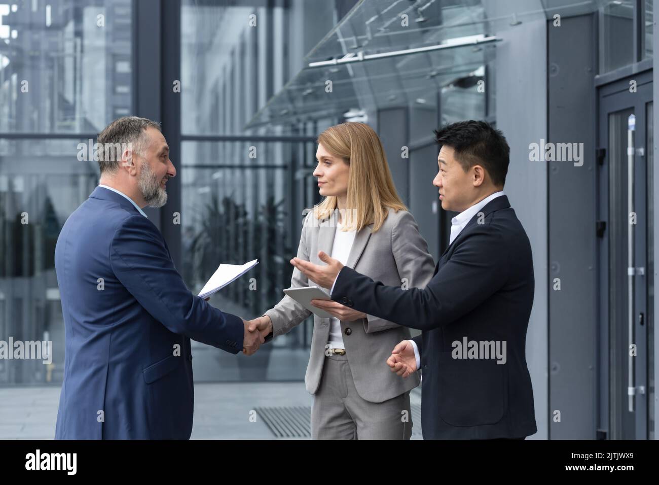 Three experienced managers team leaders, meet and get to know from ...