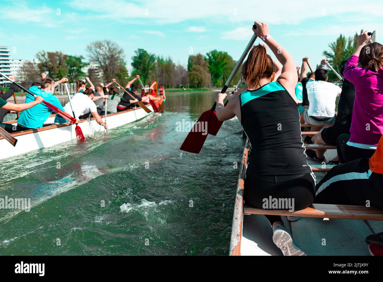 Rowing Race on the River with lot of peoples, boat regatta, close up ...