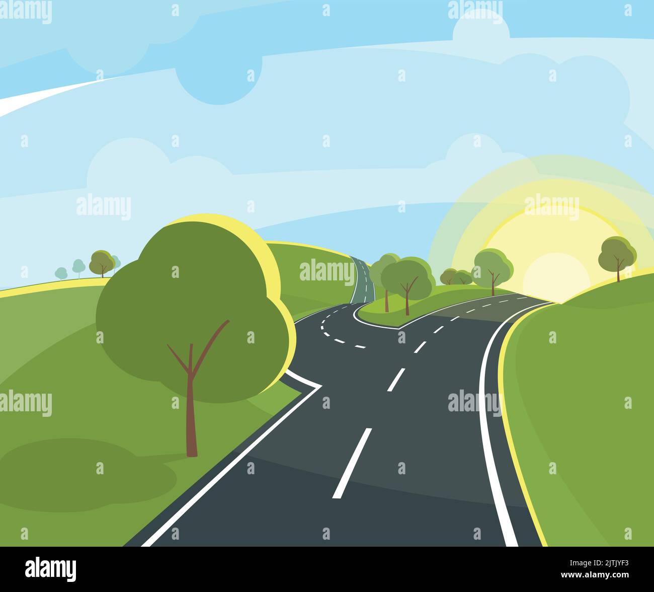 Road landscape with rising sun. Cartoon grassland background Stock ...