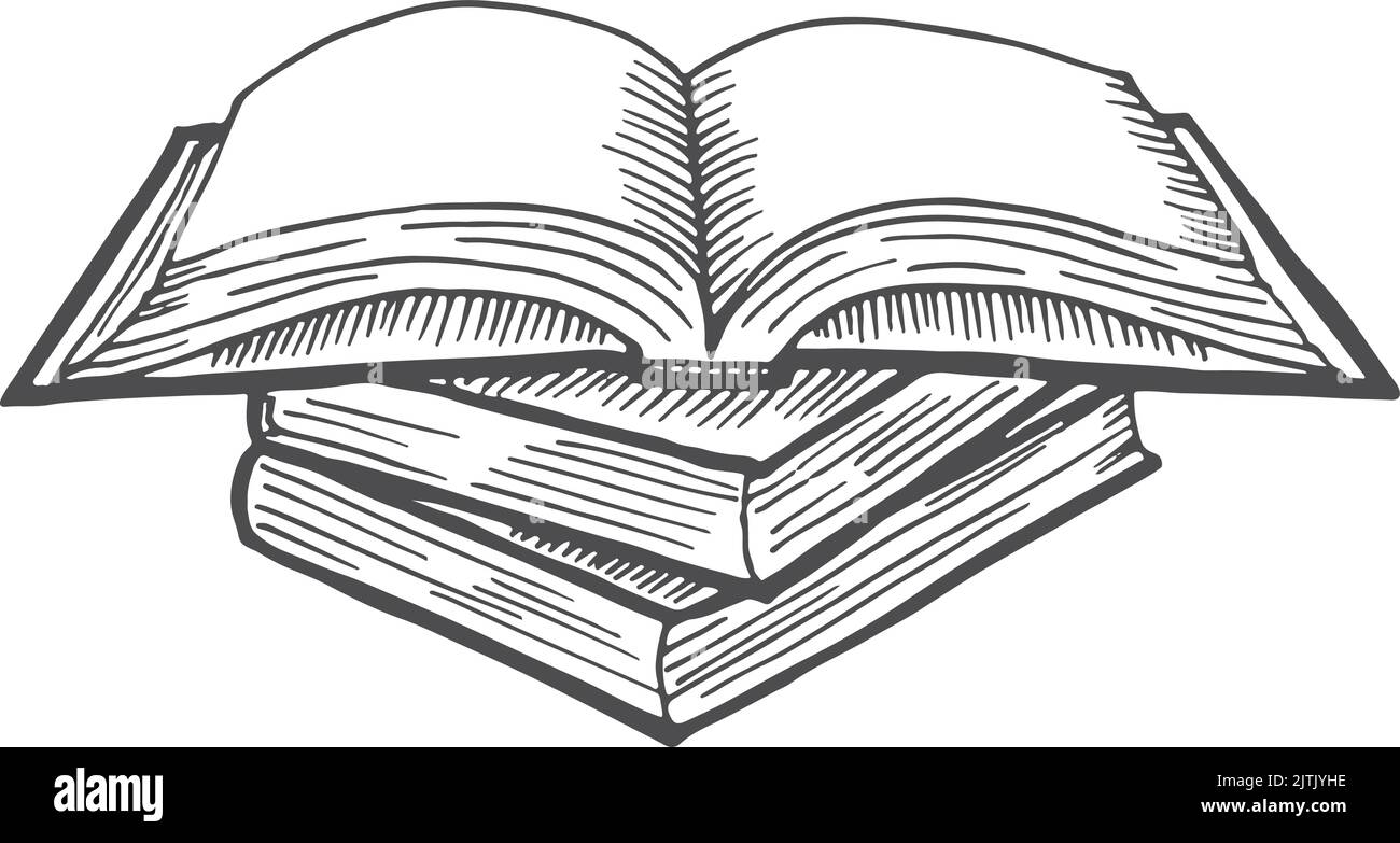 Stack with open book on top. Research icon sketch Stock Vector Image ...