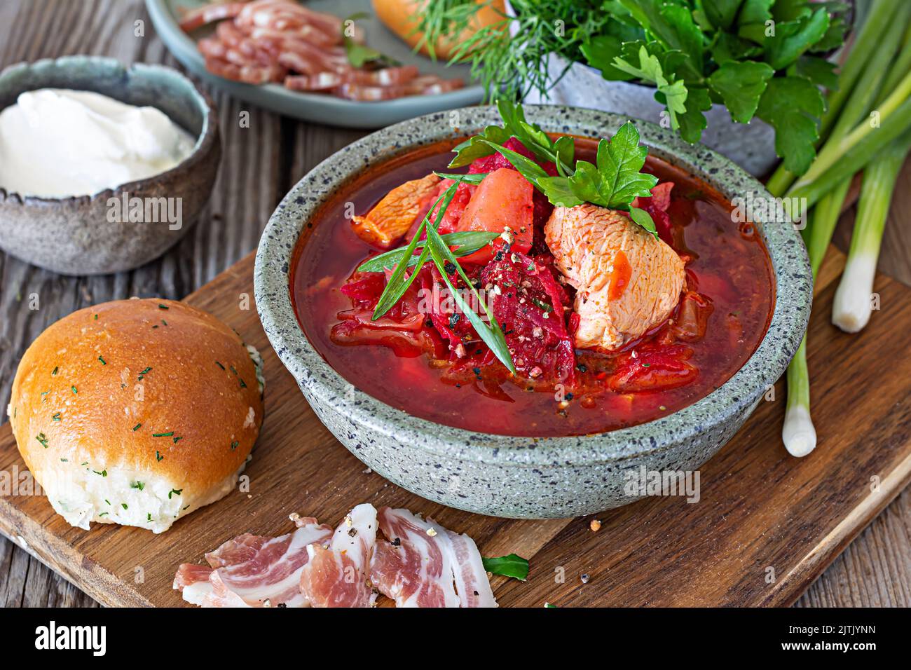 National dish of Ukrainian cuisine borscht with vegetables, turkey meat ...