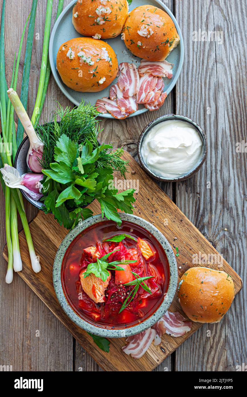 National dish of Ukrainian cuisine borscht with vegetables, turkey meat ...