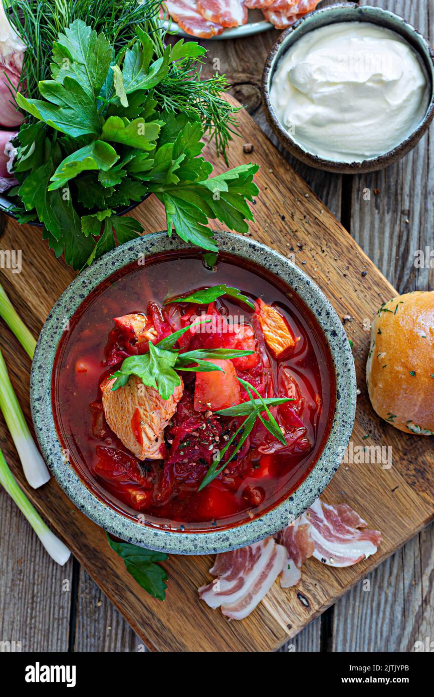 National dish of Ukrainian cuisine borscht with vegetables, turkey meat ...