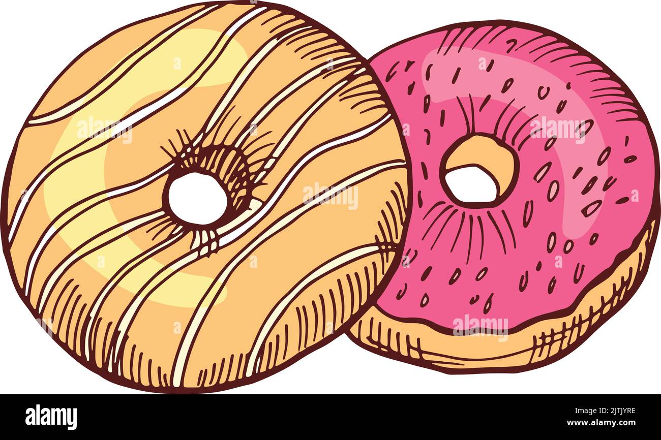 Pink and vanilla donuts. Tasty bakery color doodle Stock Vector Image ...