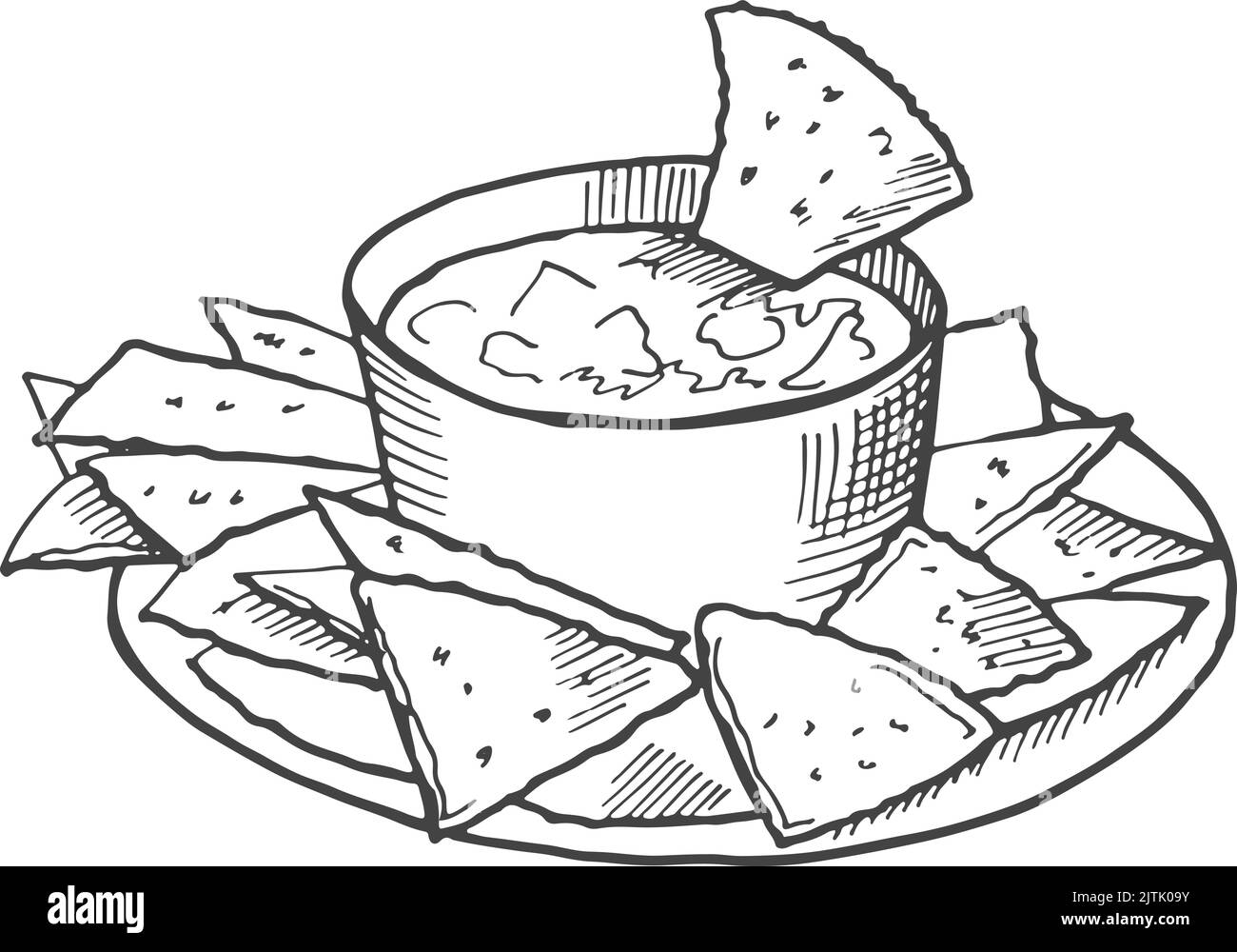 Nachos dish with dipping sauce. Mexican snack sketch Stock Vector Image ...