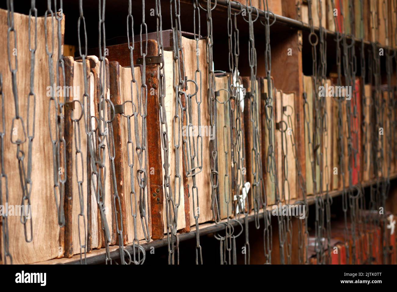Chained books in the chained library, Hereford Cathedral, Hereford ...