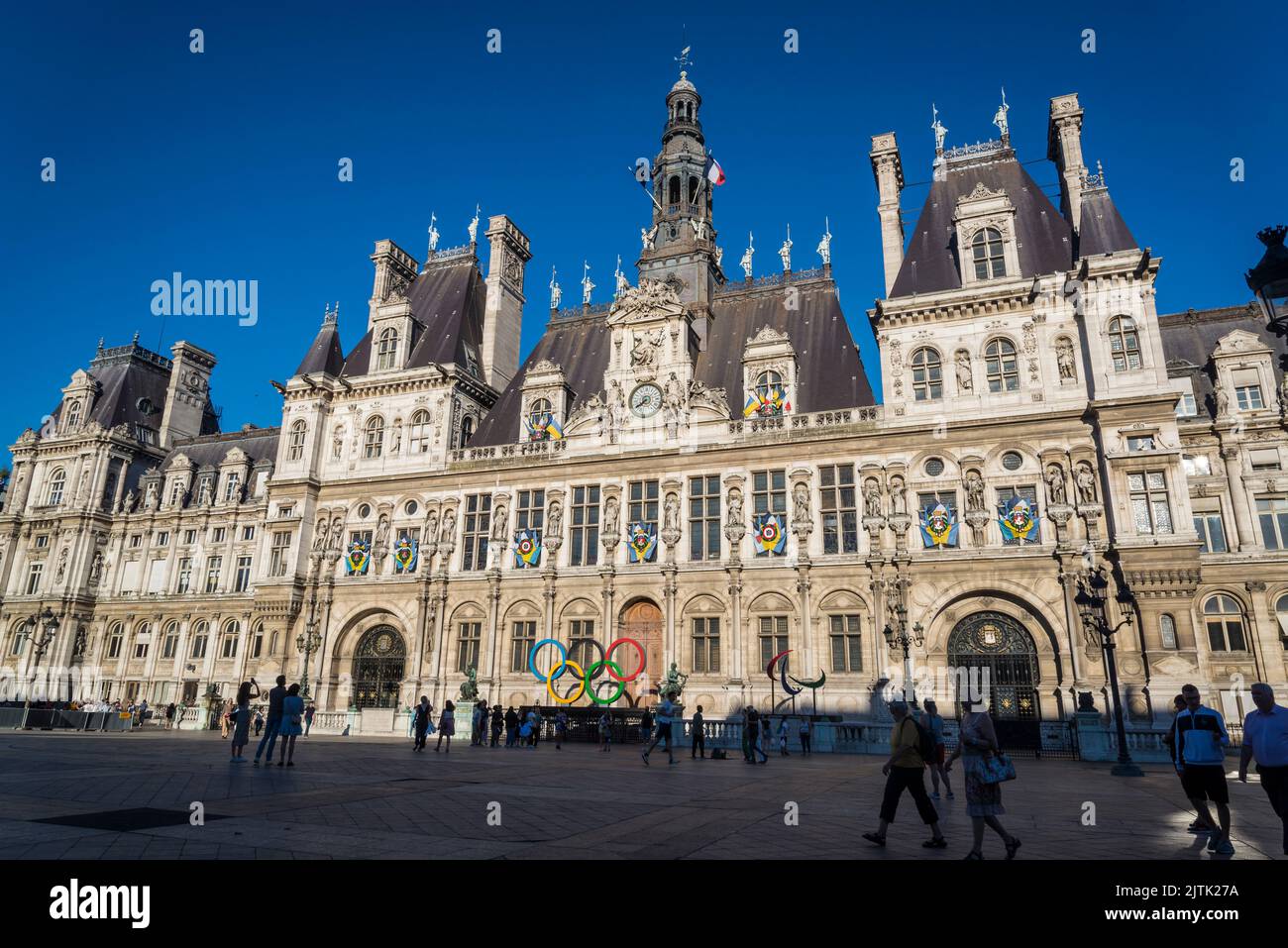 Olympic Games rings on the Hôtel de Ville, the grand city hall in ...