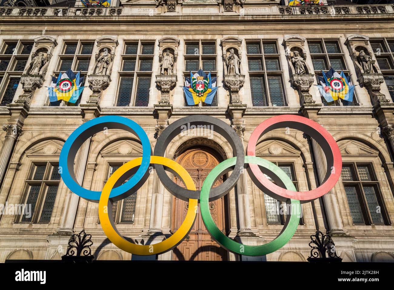 Olympic Games rings on the Hôtel de Ville, the grand city hall in ...