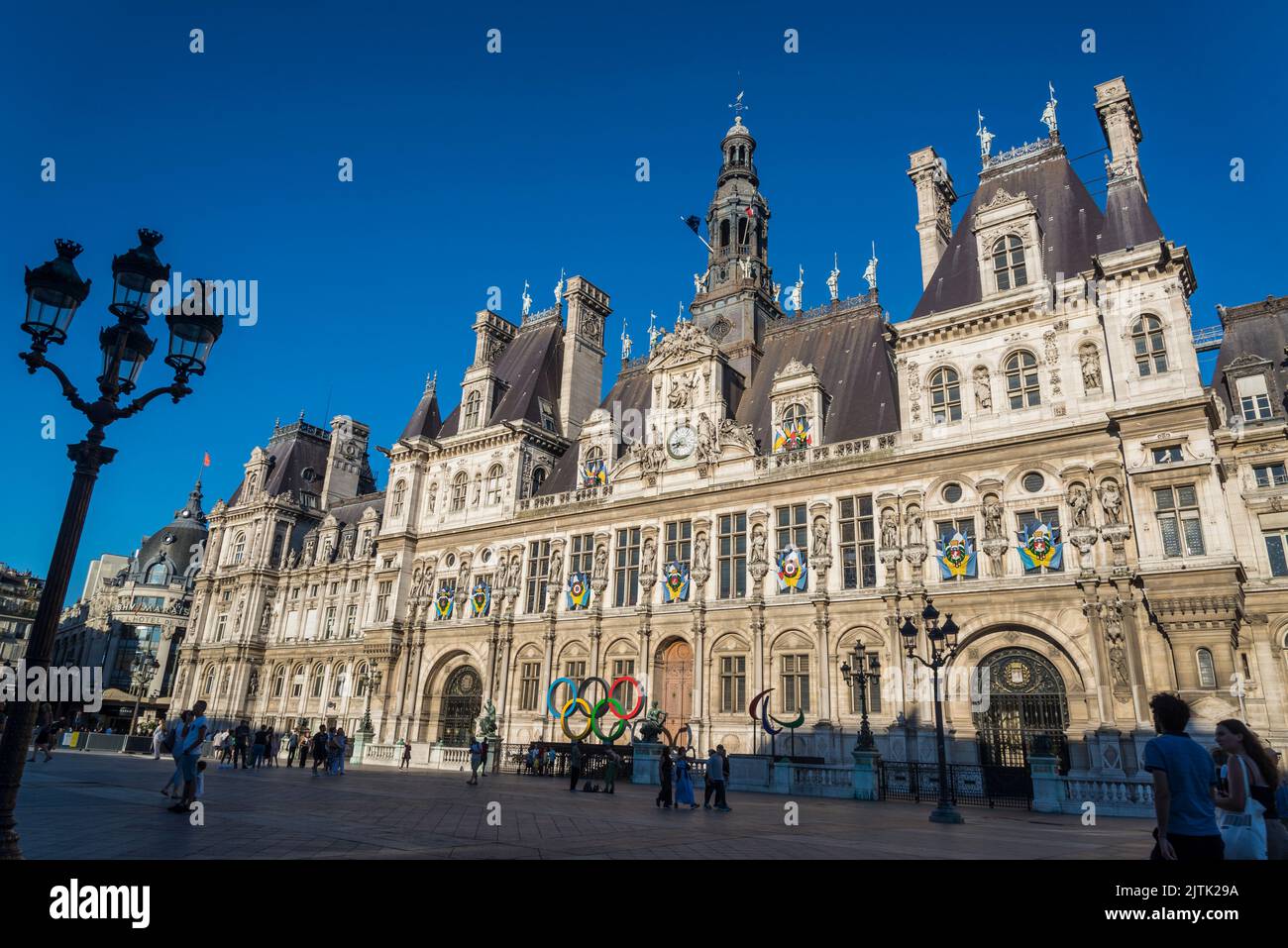 Olympic Games rings on the Hôtel de Ville, the grand city hall in ...