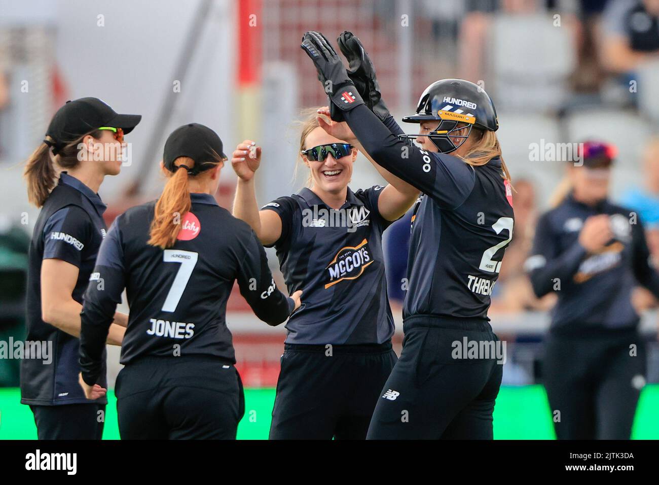 Emma Lamb and Ellie Threlkeld of Manchester Originals celebrate the ...