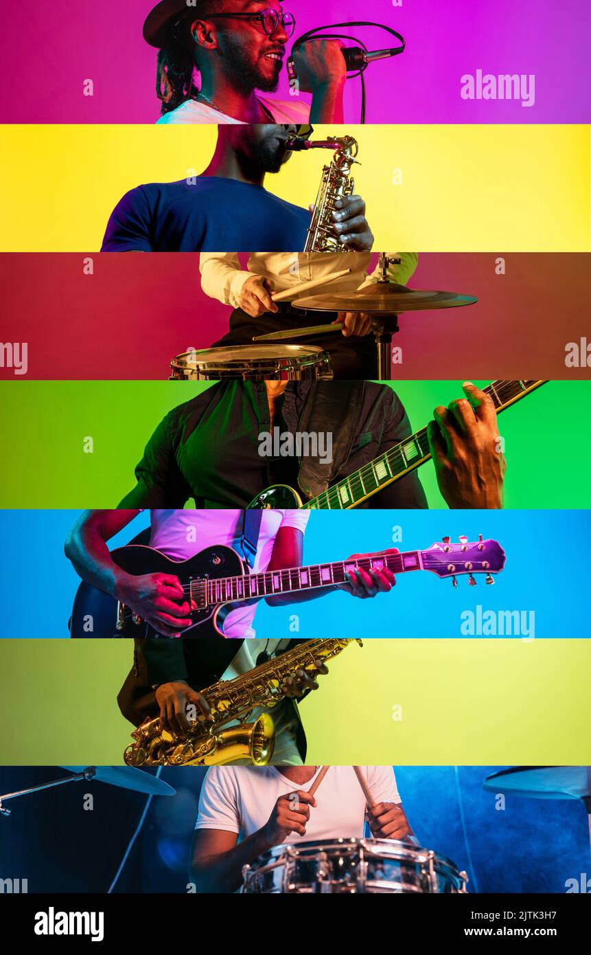Collage with cropped portraits of young emotional talented musicians on ...